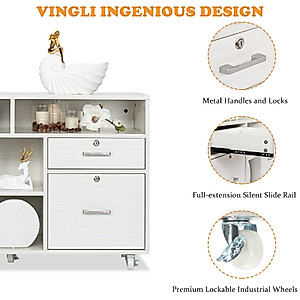 VINGLI Wood Mobile File Cabinet with 4 Drawers and Shelves, Printer Stand with Open Storage, Lockable Lateral Filing Cabinet for Home Office, Assembly Required, Light Beige Close to White
