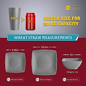 Teivio 32-piece Plastic Wheat Straw Square Dinnerware Set for 8, Unbreakable Dinner Plates, Salad Plates, Snack Bowls, Tumblers 20 oz, Dishwasher Safe, Grey