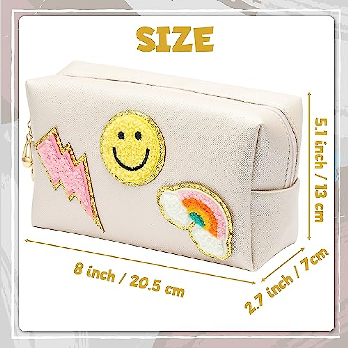 LieToi Preppy Patch Cosmetic Toiletry Bag, PU Leather Portable Waterproof Makeup Bag Smile Lightning Rainbow Organizer Compliant Bag Daily Travel Use Storage Purse for Women Girls (Large, Shell White)