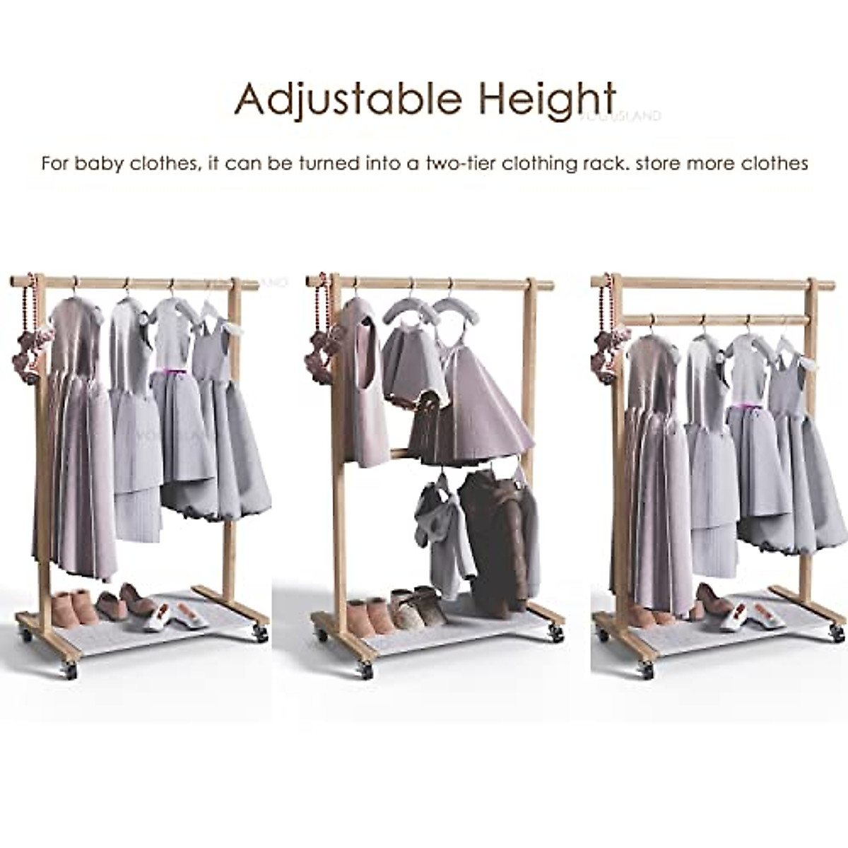 VOGUSLAND Dress Up Rack with Storage Shelf, Kids Clothing Rack with Caster Wheels, Child Garment Rack for Small Space