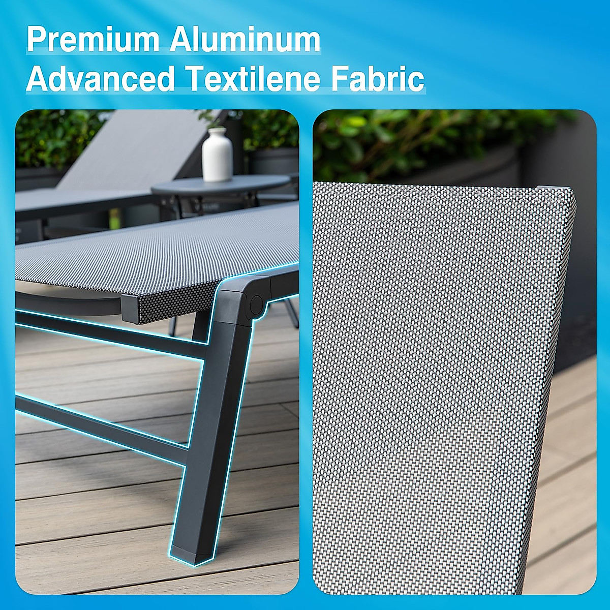 U ULAND Chaise Lounge Outdoor, Aluminum Outdoor Chaise Lounge Set of 2 Assemble-Free, Patio Lounger Poolside Lay Flat Sunbathing Adjustable Backrest Pool Lounge Chair