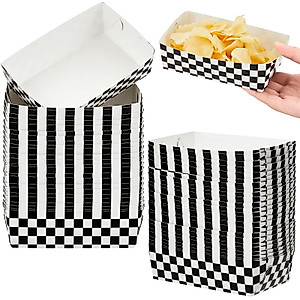 100 Pieces Checkered Paper Food Trays 2 lb Race Car Birthday Party Supplies Plaid Black and White Popcorn Trays Hot Dog Chips Trays Paper Baskets Small Food Boats, Need to Assemble