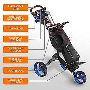 SereneLife 3 Wheel Golf Push Cart - Lightweight Folding Golf Walking Push Cart Roller Golf Bag Holder w/Upper/Lower Bracket w/Elastic Strap, Scorecard, Cup, & Bag Storage Holder