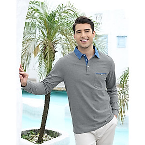 LIUPMWE Long Sleeve Polo Shirts for Men with Pocket Denim Collar Soft Cotton Shirts Golf T-Shirt