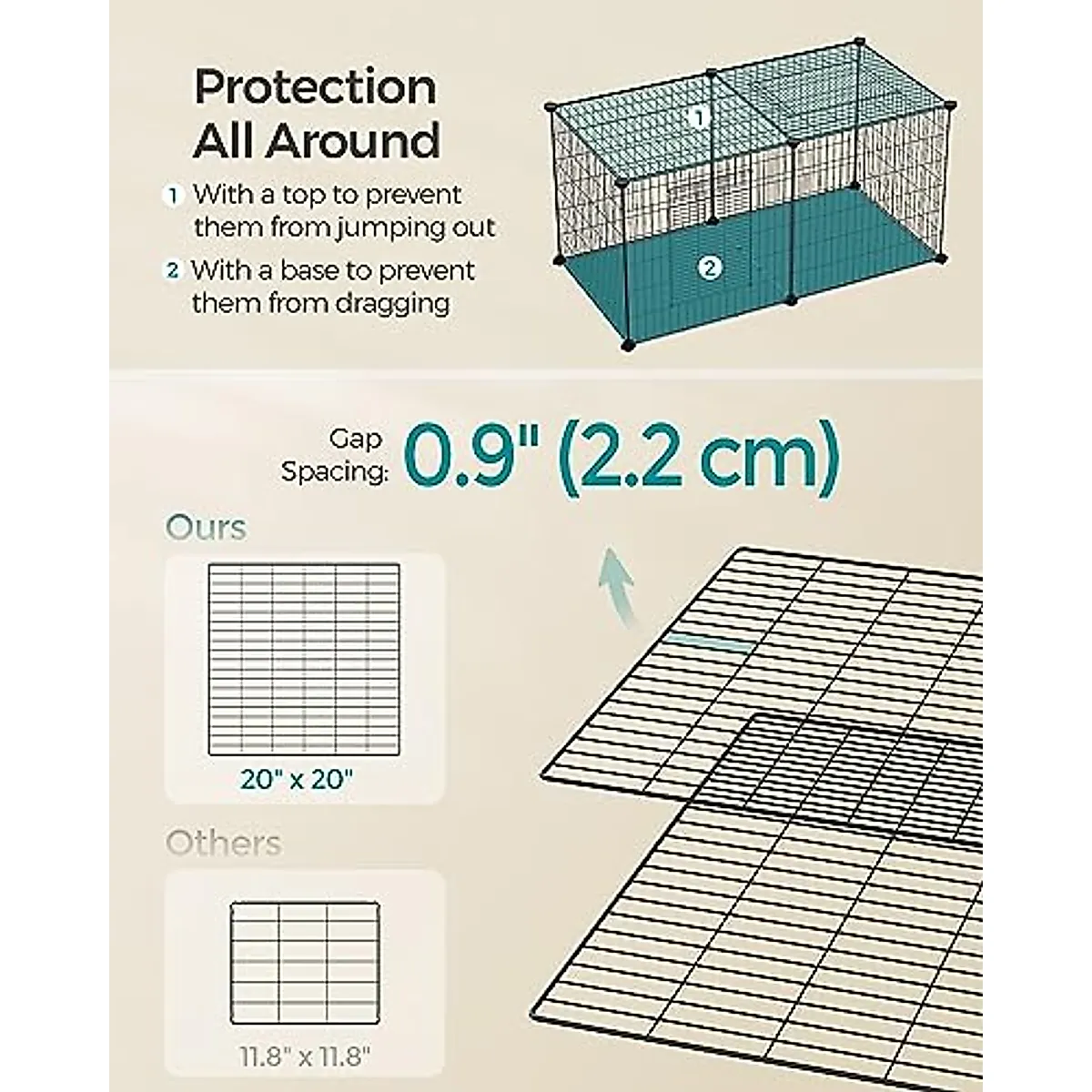 SONGMICS Small Animal Playpen, Pet Cage with Top and Base, 2 Doors, Easy to Clean, Metal Wire Guinea Pig Pen for Rabbits, Hamsters, Hedgehogs, XL, 40.5 x 20 x 20 Inches, Black ULPI010B01