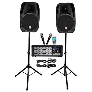 Rockville RPG2X15 Powered Bluetooth Mixer+(2) 15" Speakers+Stands+Wireless Mics
