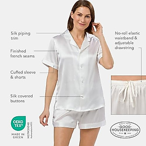 Fishers Finery Women's 100% Mulberry Silk Short Pajama Set; Collar (Pink, XL)