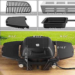 Portable Propane Gas Grill, 2-Burner Portable Gas Grill Small Tabletop Gas Grill, 24000BTU BBQ Outdoor Griddle Gas Grill with Removable Side Tables, Thermometer, Regulator, Gas Hose, Black