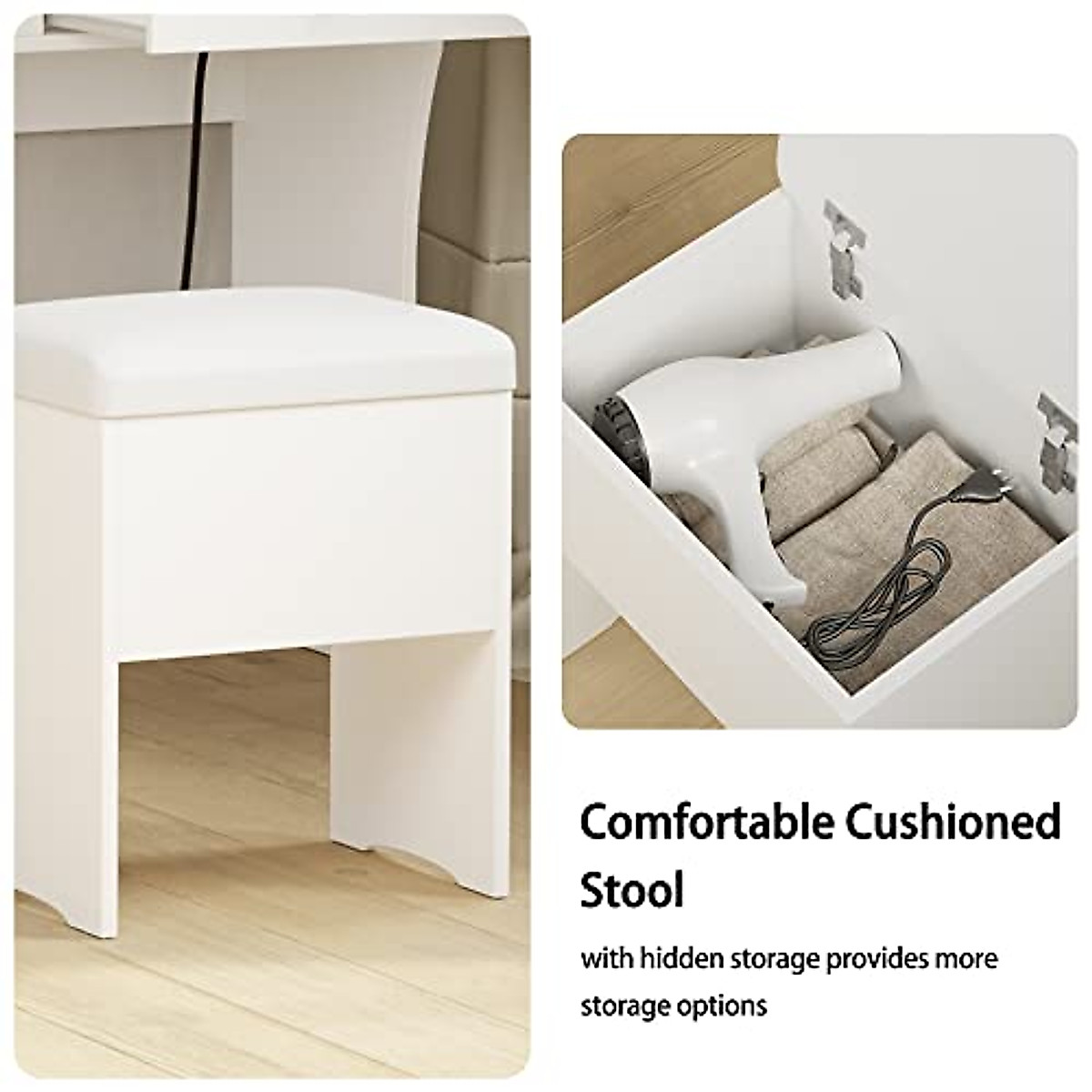 IRONCK Vanity Desk Set with LED Lighted Mirror & Power Outlet, Makeup Vanity Table with 4 Drawers,Storage Stool,for Bedroom, Bathroom, White