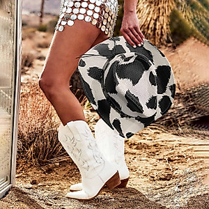 FLUFFY SENSE. Cow Print Cowboy Hat for Women Funny Cowgirl Hat - Straw Western Hats for Women with Shapeable Brim Country Concert Outfits Bachelorette Party Hat