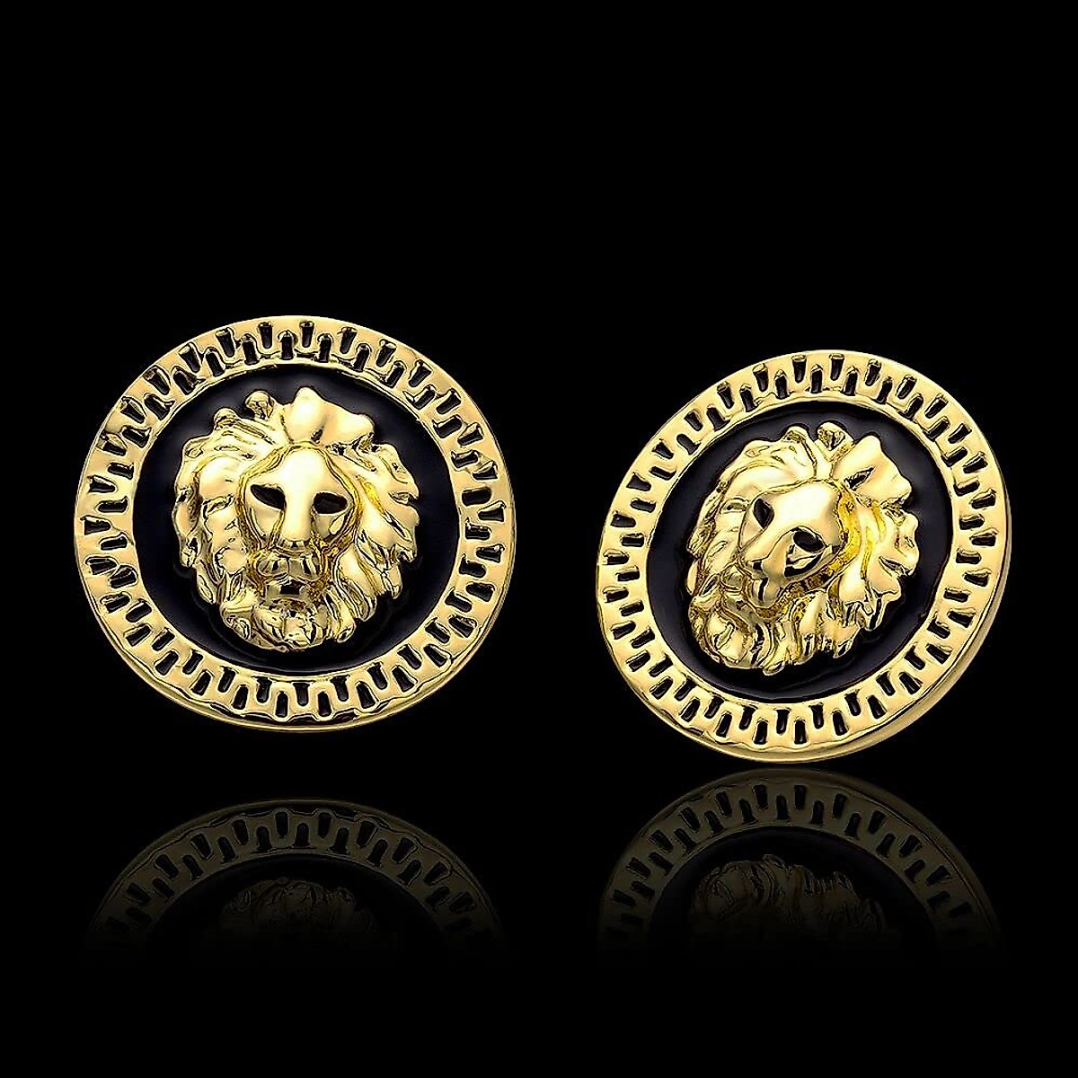 Yellow Gold Plated Black Round Earrings Stud Push Back Lion 1" L319