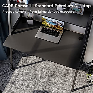 It's_Organized Computer Ladder Desk with Shelves, 43" for Small Spaces Saving Home Office Bedroom Workstation PC Laptop Study Writing Gaming Table with Storage Shelf Bookshelf Modern Black Metal Frame