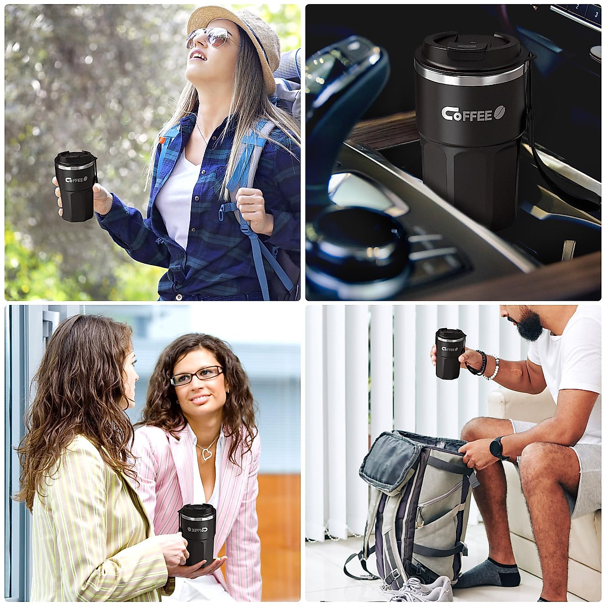 Colawind 16oz Travel Mug, Reusable Coffee Cups with Flip Top Lids, Stainless Steel Coffee Tumbler with Rope, 480ml Black Drink Cup for Iced Tea, Coffee, Water