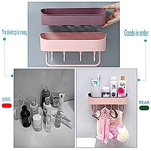 KUAW ,Shower Caddy, Self Adhesive Wall Mounted Shower Rack, Kitchen Hanging Tray Storage Rack, Shampoo Storage Basket Soap Rack With 4 Hooks And 1 Towel Rack, For Bathroom, Kitchen, No Drilling, Pink
