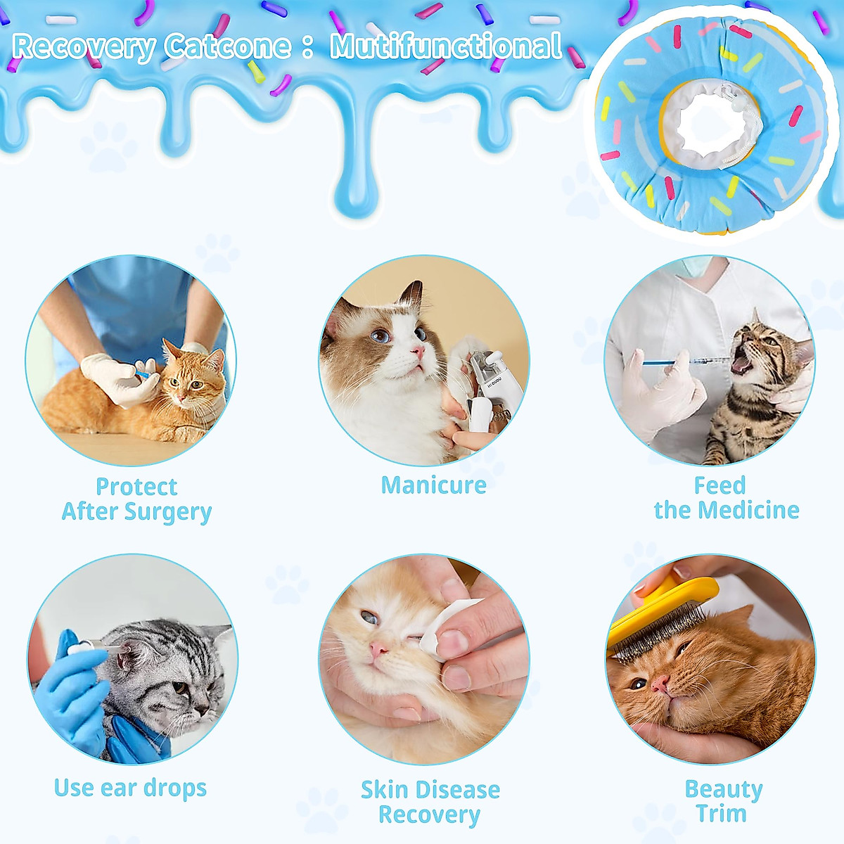 Cat Cone Collar Soft, Adjustable Plush Comfort Pet Elizabeth Circle Soft Cone for Cats Donut Cute Cat Recovery Collar for Cats Small Pet After Surgery Stop Licking Comfortable Cat Cones (M, Blue)