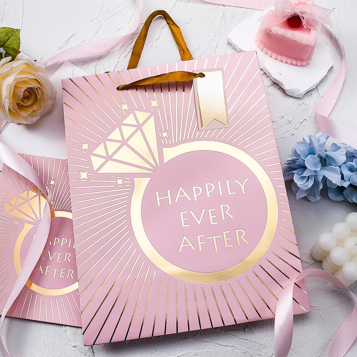 Loveinside Wedding Gift Bag with Tissue Paper, Gift Tag and Greeting Card for Wedding, Birthday, Party, and More - 10" x 5" x 13", 1 Pcs, Wedding Ring Pink