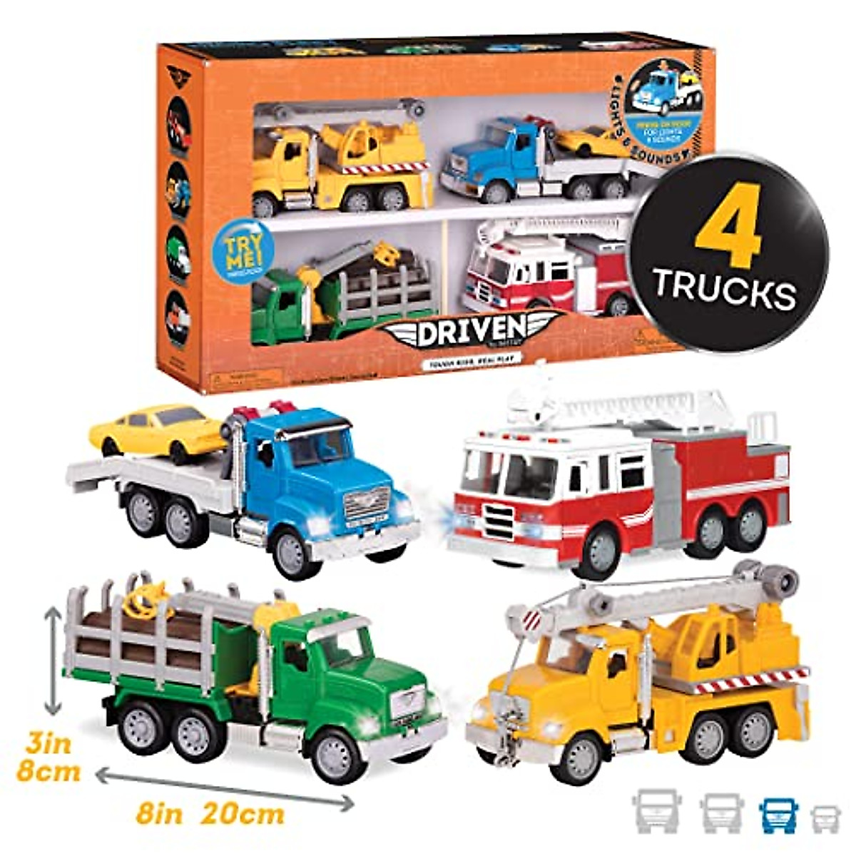 Driven by Battat – 4 Toy Vehicles for Kids&Toddlers – 7.5" Crane Truck, 7.5" Tow Truck, 7.5" Fire Truck, 7" Log Truck – Lights & Sounds – Gift Construction Toys for 3 Year Old+