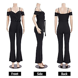 Women's Jumpsuit Elegant Sexy V Neck off Shoulder High Waisted Flared Pants Casual Rompers Party Clubwear with Belt Black 2XL