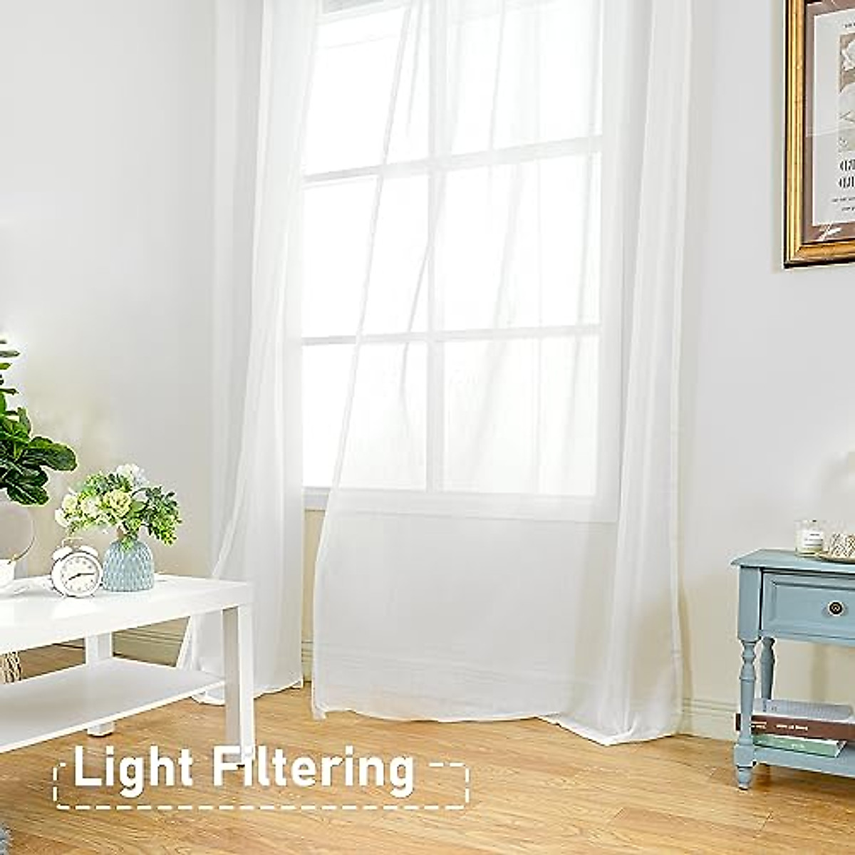 BGment White Sheer Curtains 63 Inch Length 2 Panels for Living Room Bedroom, Linen Semi Sheer Light Filtering Window Curtains with Grommet, 2 Panels, Each 52 x 63 Inch, White