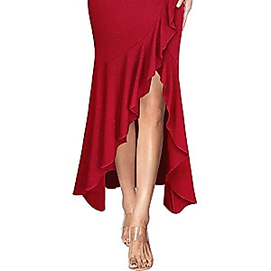 VFSHOW Womens Sexy Ruffle Deep V Neck Cocktail Party Bodycon Midi Dress Spaghetti Strap 2023 Hi-Lo Slit Mermaid Sparkly Dress (Red, Large) 10500C RED L