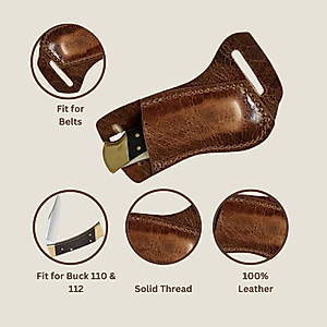 Custom Leather Sheath for Buck 110 or 112 with Water Buffalo Antique Brown Leather Sheath | Left-Hand Cross Draw to fit on Right Side | Strong and Durable | Sheath ONLY