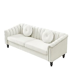 FULife 72" Velvet Upholstered Loveseat Tufted Futon Sofa,Chesterfield Accent 3 Seaters Sofá Couch with Nail Arms&2 pillows for Living Bedroom/Apartment/Office/Studio/Bonus Room/Compact Places, Beige
