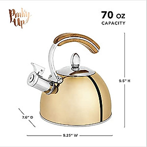 Pinky Up Presley Tea Kettle, Stovetop Stainless Steel Kettle, Whistling, Tea Accessorie gifts, Fast Boil Water Kettle, Wooden Handle, 70 oz, Gold