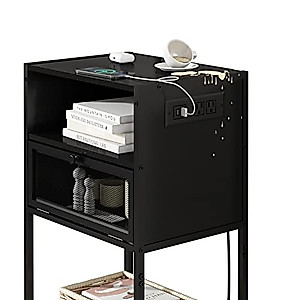 SOOWERY Nightstand with Charging Station, Bedside Tables with 3 Tiers Storage Space and Door, End Table with USB Ports and Outlets for Bedroom, Living Room, Black