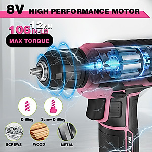 WORKPRO Pink Power Drill Set, 8V Cordless Drill Driver Set with 53pcs Bit Set, 2.0Ah Electric Cordless Drill Kit with 3/8" Keyless Chuck and Variable Speed Trigger, Portable Drill for DIY- Pink Ribbon