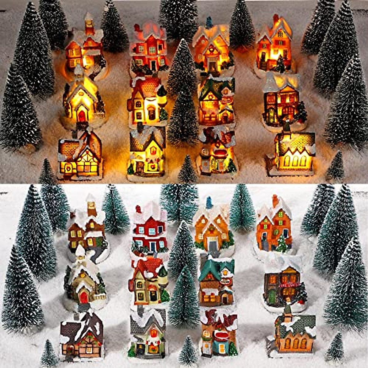 Kajaia 12 Pieces Christmas Winter Houses Village with 12 Pieces Trees Lamp LED Lights Christmas Winter Village Town Buildings Accessories for Thanksgiving Halloween Village Figurine Desktop Decor
