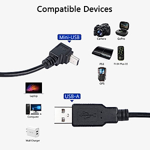 CERRXIAN 9.8FT 90 Degree Mini USB Cable, Angle Mini USB B Male to USB A 2.0 Male Data Sync and Charging Cable for Garmin Nuvi GPS,Canon,Dash Cam (3m, Black Down Angle)