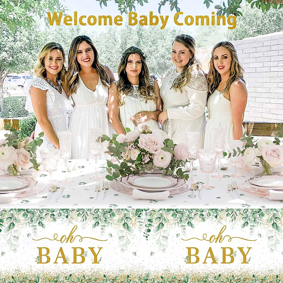 Heboland 3 Pack Sage Green Neutral Baby Shower Tablecloth Decorations, Oh Baby Large Size 54 x 108 Inch Rectangular Plastic Tablecloth Party Decor