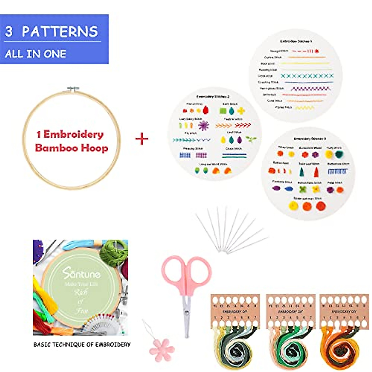 Santune Embroidery Kit - 3pcs Embroidery Patterns with Instructions for Beginners Cross Stitch Kits for Adults with 1 Embroidery Hoops, Color Threads and Needles, Good Hobbies for Women