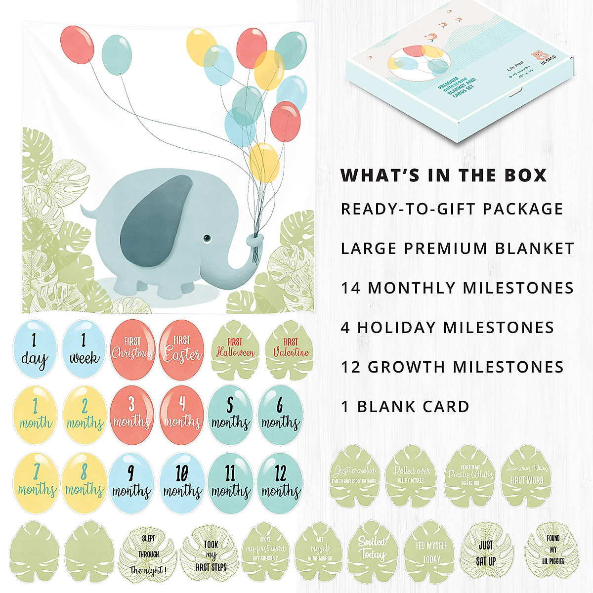 Baby Milestone Blanket - Memory Blanket for Baby Girl or Boy! 2-in-1 Infant Blankets with Monthly Milestones and Event Cards! Personalized Photo Prop for Baby Pictures by Month (Balloon Party)