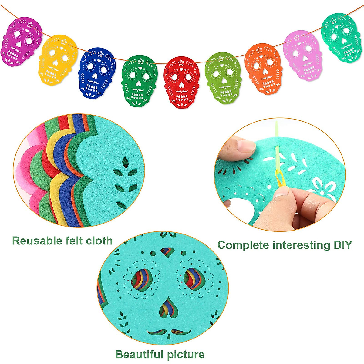 HOWAF 2 Pcs Plastic Papel Picado Mexican Fiesta Banners Day of The Dead Skull Bunting Banner Halloween Dia De Los Muertos Mexicano Banners for Cinco De Mayo Decorations Mexican Party Supplies