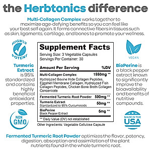 Multi Collagen Complex (Types 1 2 3 5 and 10) | Hydrolyzed Collagen Peptides | Collagen for Women & Men | Hair, Skin, Nails, Joint Support (with Turmeric) | 90 Capsules