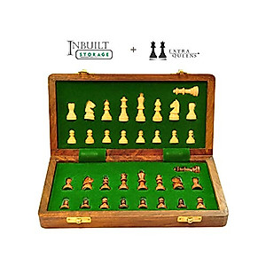 PALM ROYAL HANDICRAFTS Rosewood Magnetic Wooden Chess Set-2 Extra Queens-Folding Board, Handmade Portable Travel Chess Board Game Sets - Chess Set for Kids and Adults(10x10 Inches)