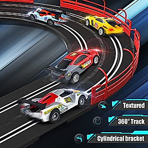 Electric Racing Tracks for Boys and Kids Including 4 Slot Cars 1:43 Scale with Headlights and Dual Racing, Race Car Track Sets with 2 Hand Controllers, Gift Toys for Children Over 8 Years Old