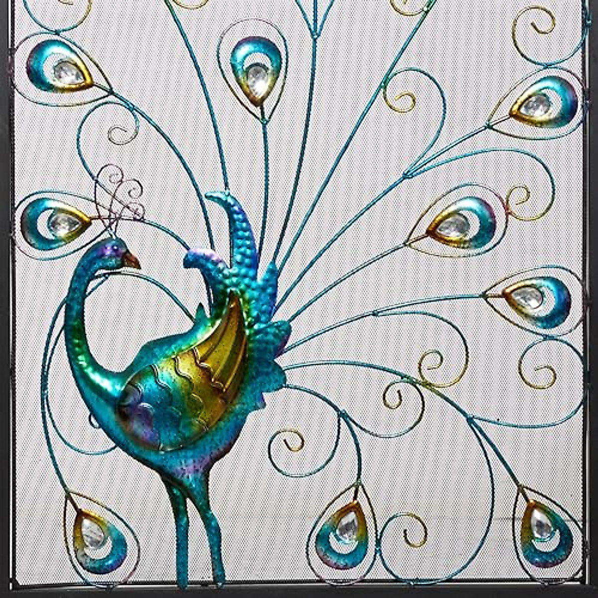 Deco 79 Metal Peacock Fireplace Screen Rainbow 3 Panel with Crystal Accents and Black Frame, 48" x 1" x 32", Blue