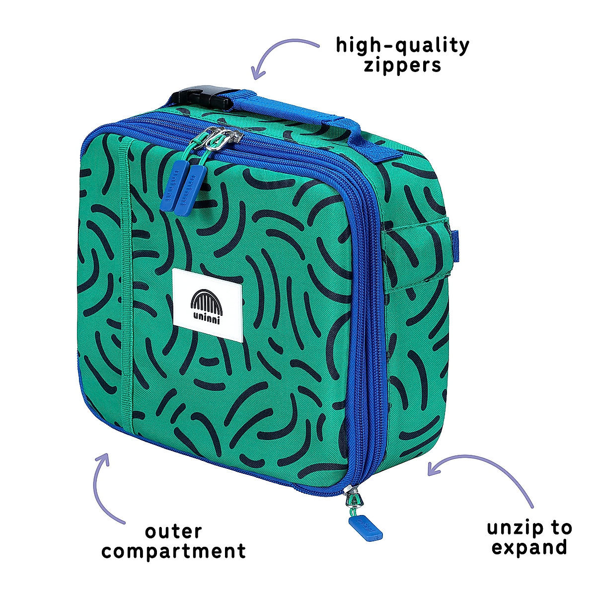 Uninni Strokes Insulated Lunch box for Kids - Age 3+ with Leak-Resistant Storage, Mesh Pocket, Removable Divider for Snacks, Sandwiches and Drinks, BPA-Free Food-Grade lunch bag kids, Girls and Boys