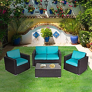 Kinsunny 4 Piece Outdoor Conversation Set Patio Sectional Sofa PE Wicker Furniture Sets with Glass Coffee Table and Cushions for Porch Lawn