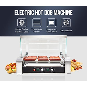SYBO Hot Dog Roller, 30 Hot Dogs 11 Rollers Grill Cooker Machine with Removable Stainless Steel Drip Tray and Glass Hood Cover, 1430-Watts, Perfect for Commercial And Party