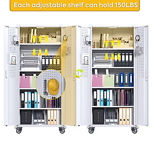 Aobabo 72" H Lockable Storage Cabinet on Wheels with 4 Shelves, Office Furniture Metal Storage Organizer with Wheels for Garage, Assembly Required, White