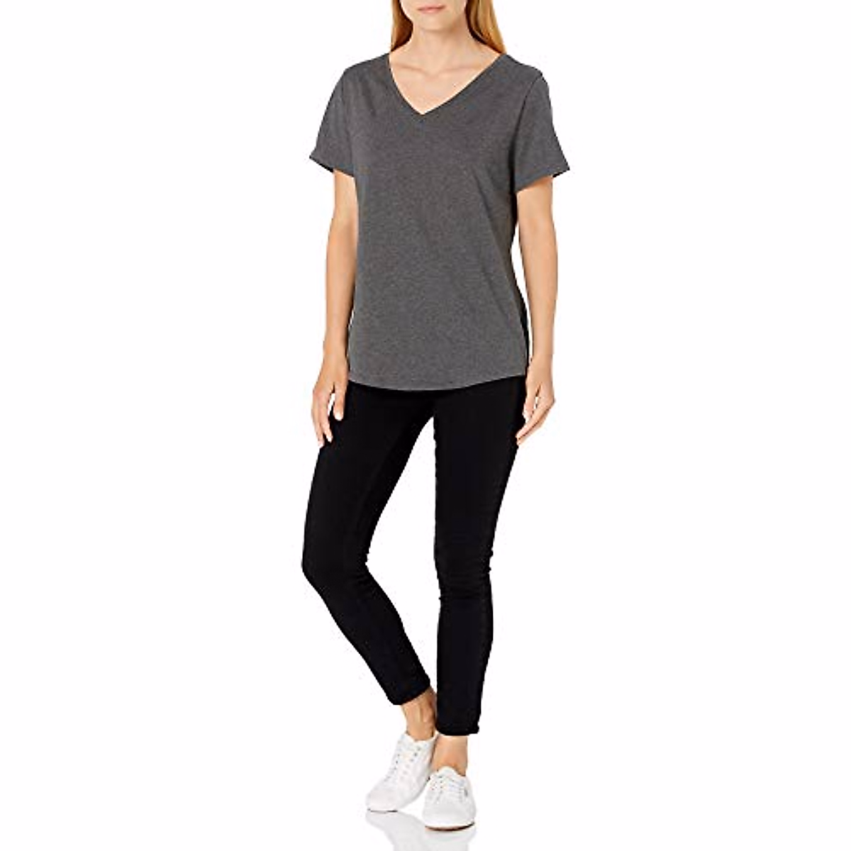 Amazon Essentials Women's Classic-Fit 100% Cotton Short-Sleeve V-Neck T-Shirt (Available in Plus Size), Pack of 2, Charcoal Heather/Light Grey Heather, Medium