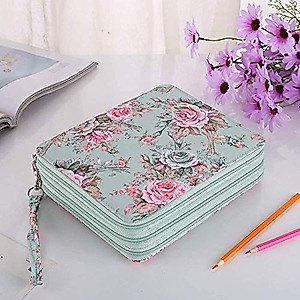 Shulaner 120 Slots Colored Pencil Case with Zipper Closure Large Capacity Green Rose Oxford Pen Organizer Flower Pencil Holder for Artist