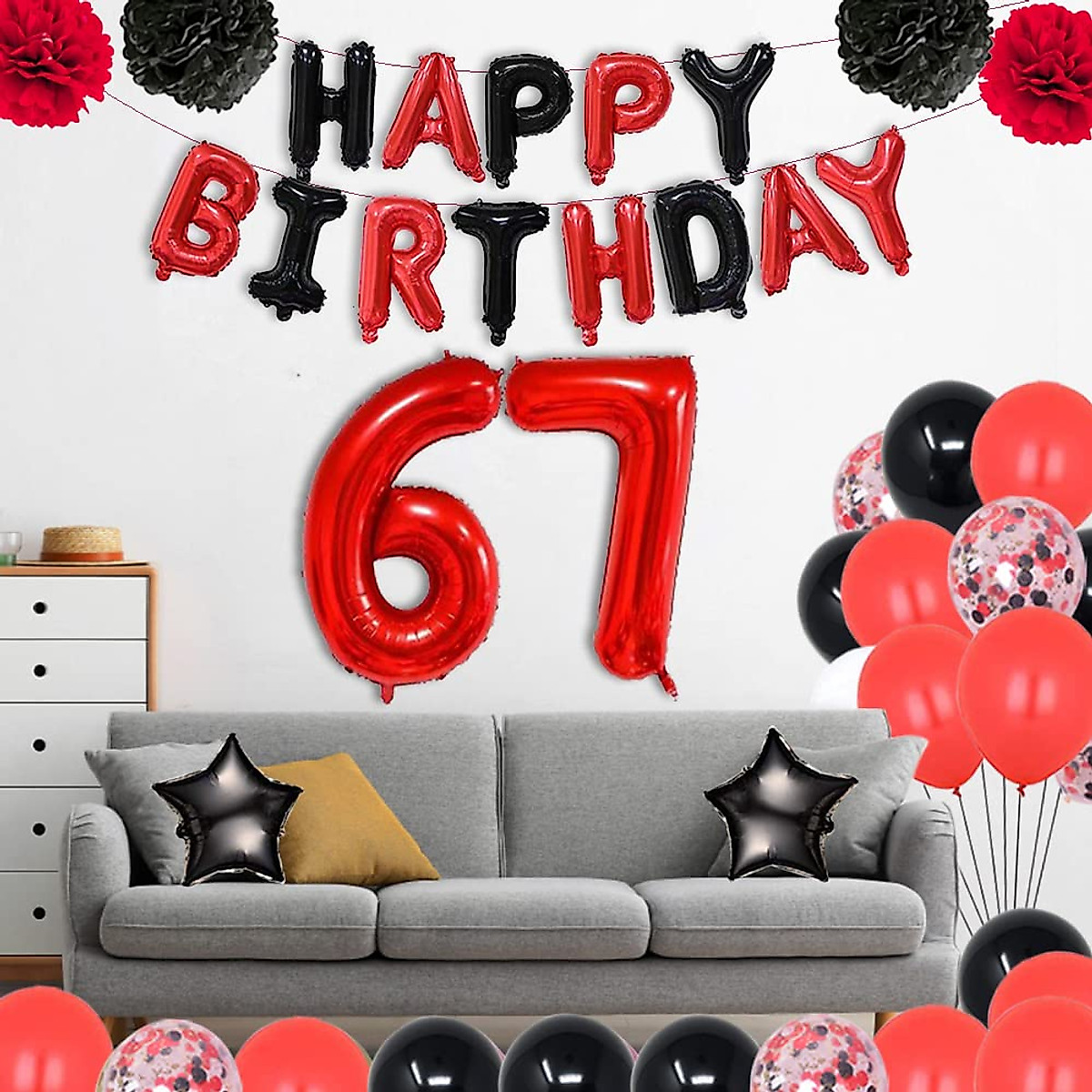 yujiaonly 67th Birthday Party Decorations-Happy Birthday Foil Ballons Banner Red Number 67 Happy birthday Sash Latex Balloons Perfect for 67 Years Old Party Supplies Balloons Number 67 Red