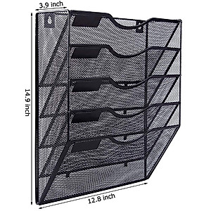 COSYAWN 5 Tier Wall File Organizer Hanging paper Folder, Metal Wall Mount File Holder with Label Panel, Black