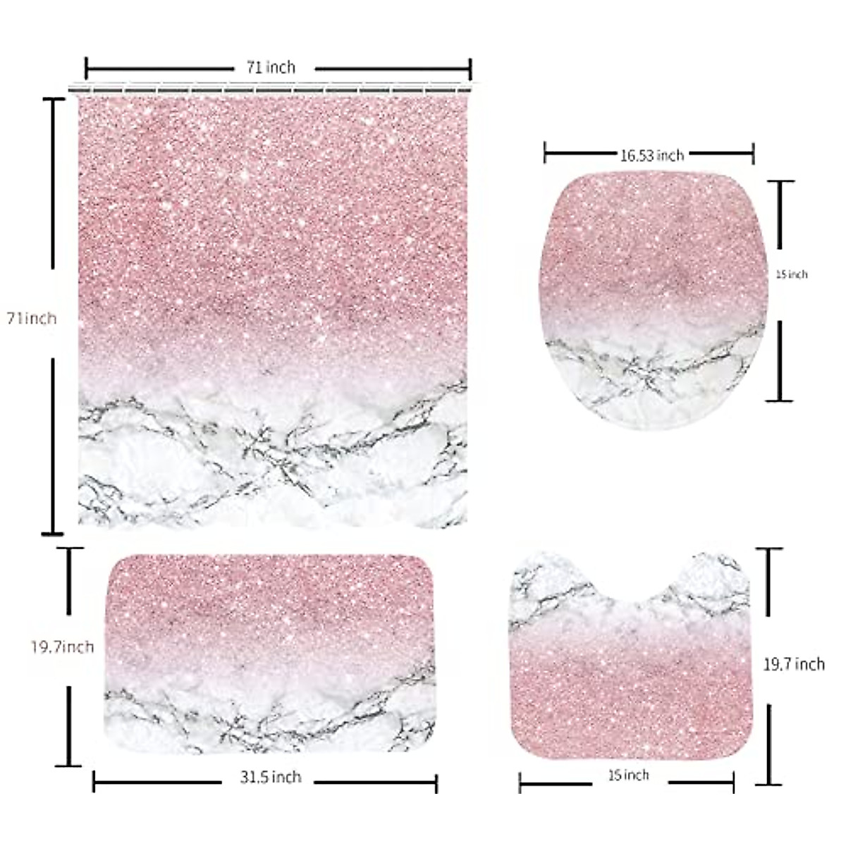 HEDYBARD 4 Pcs Pink Bathroom Shower Curtain Set with Waterproof Shower Curtain, Non-Slip Soft Flannel Rugs, Toilet Lid Cover, Bath Mat and 12 Hooks for Home Decorations, Pink, 72"x72"