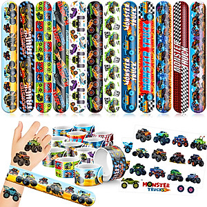 48PCS Monster Truck Party Favors - 24 Tattoos & 24 Slap Bracelets, Perfect for Big Car-Themed Birthdays, School Rewards, and Classroom Prizes for Boys & Girls