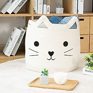 VK VK·LIVING Animal Hamper Large Woven Animal Cotton Rope Storage Basket Laundry Basket Organizer With Cat Design for Towels Blanket Toys Clothes Pet Hamper for Cat 15 L x 15 H